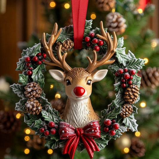 Whimsical Reindeer Wreath Christmas Ornament Playful Reindeer Holiday ...